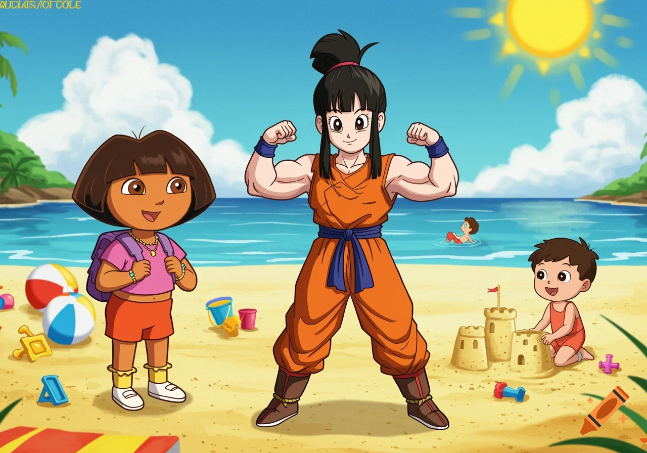 Cartoon of Chi Chi from Dragon Ball Z flexing on a beach while Dora the ...