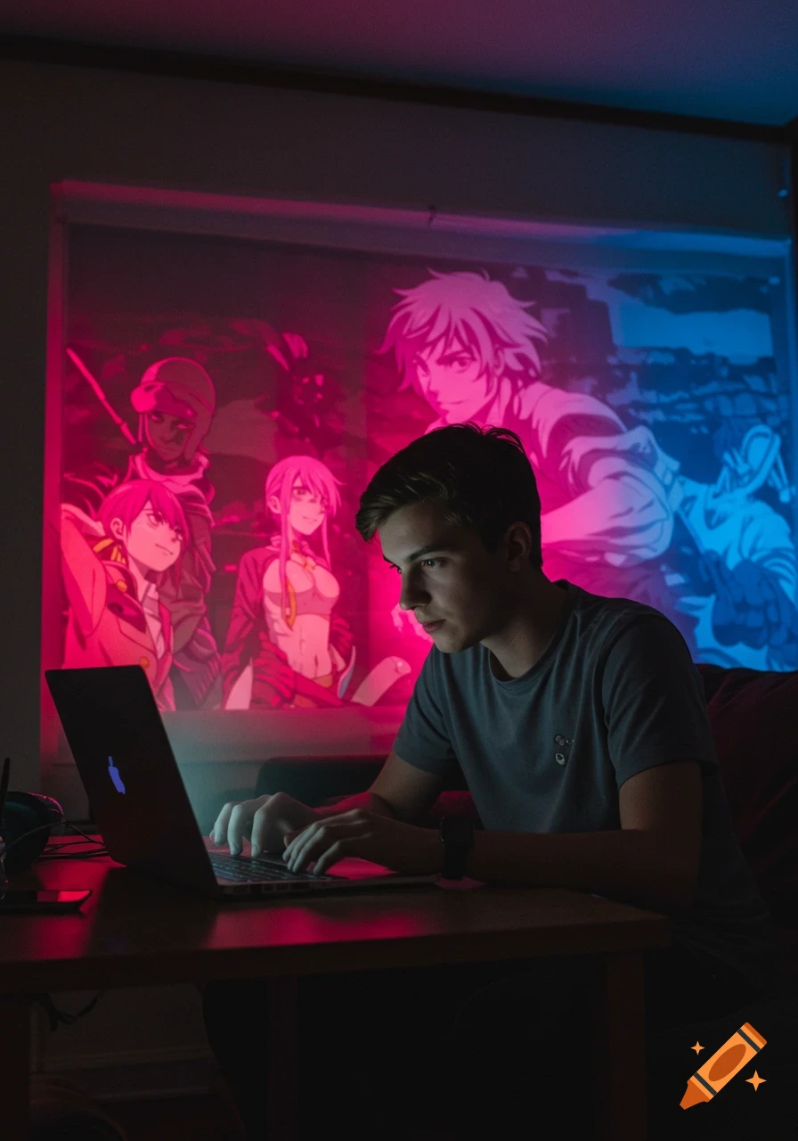 A person uses a laptop with an anime projection on the wall behind them ...