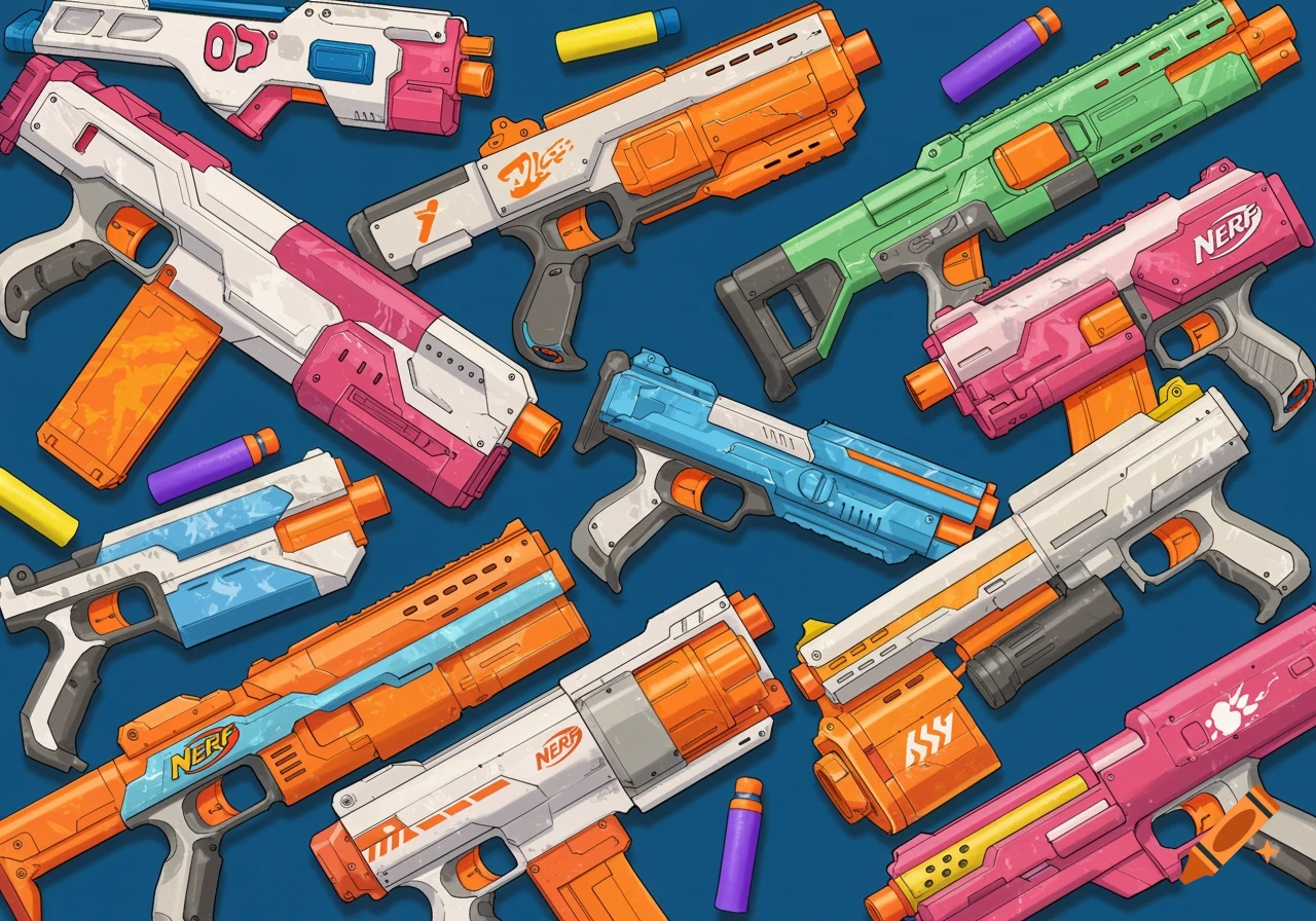Illustrated collage of colorful toy blasters and darts on Craiyon