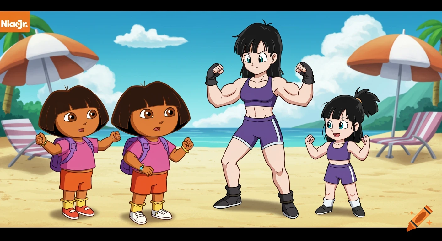 Two Dora the Explorer characters watch a muscular Videl and young Pan flex on a beach in a ...