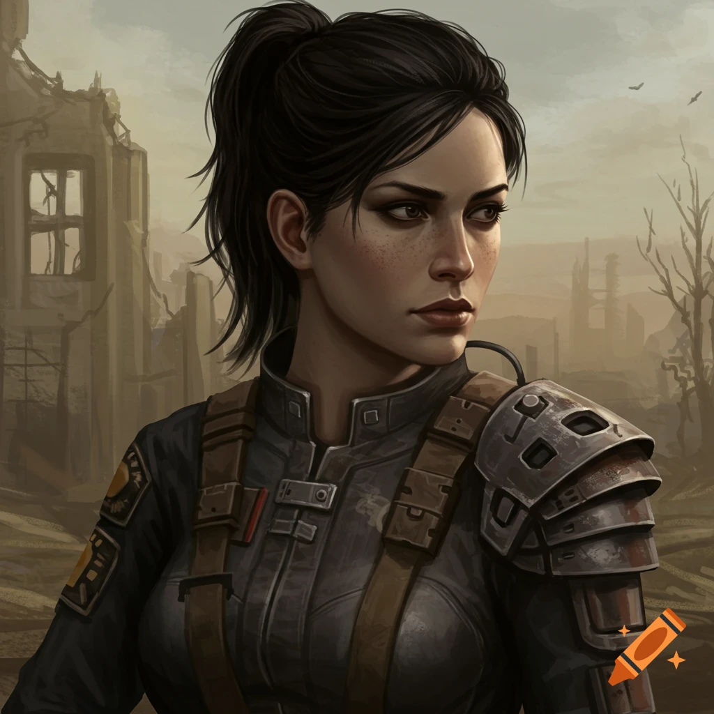 Portrait of a woman in post-apocalyptic armor looking sideways, in a ...