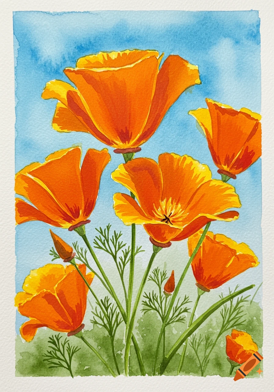 Watercolor painting of orange California poppies against a blue sky. on ...