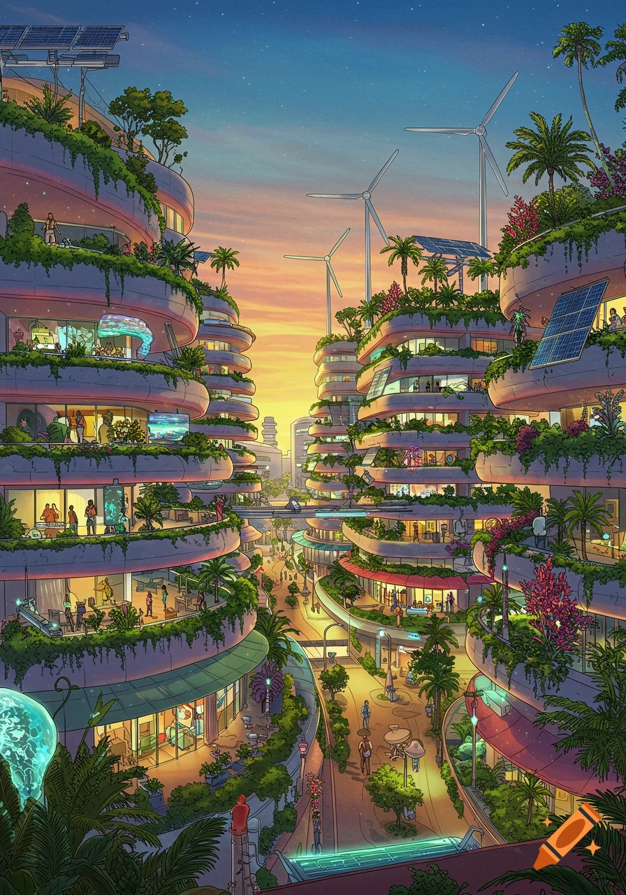 Vibrant illustration of a futuristic solarpunk city with layered ...