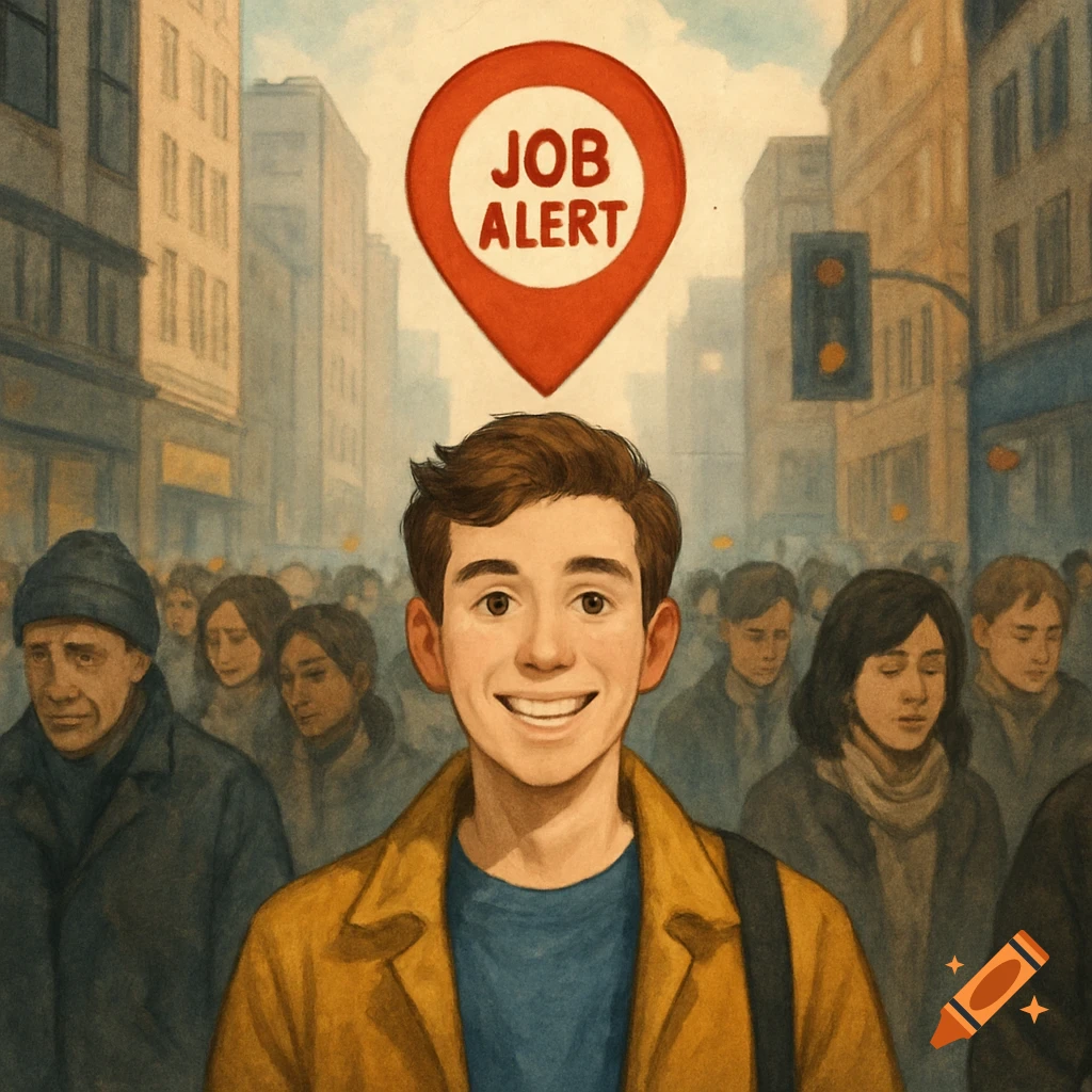Smiling man in a crowd on a city street with a 'Job Alert' icon above ...