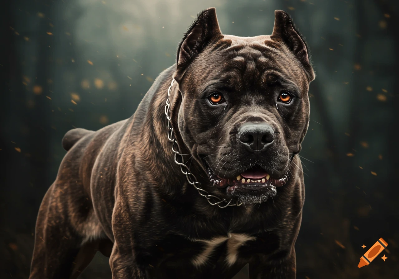 Close-up portrait of a fierce dark brindle Cane Corso dog wearing a ...