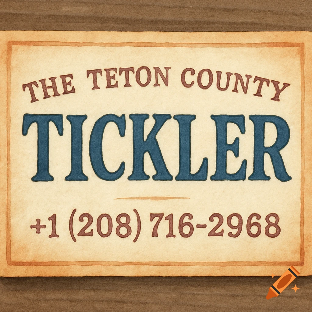 Watercolor sign with text 'THE TETON COUNTY TICKLER' and a phone number ...