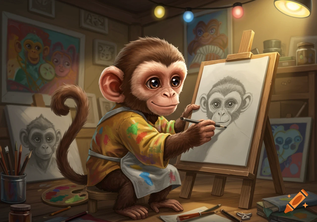 An illustration of a cute monkey in an art studio drawing a portrait of ...