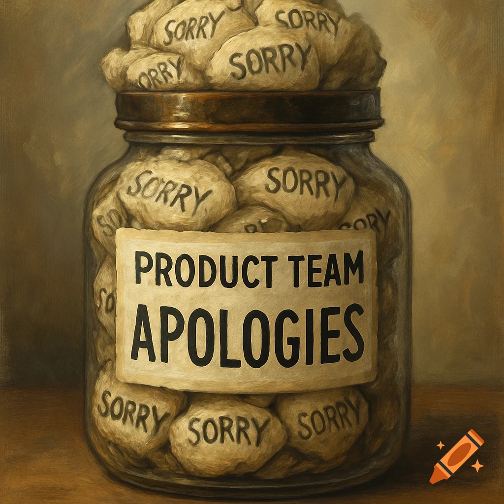 Oil painting of a jar labeled 'Product Team Apologies' filled with ...