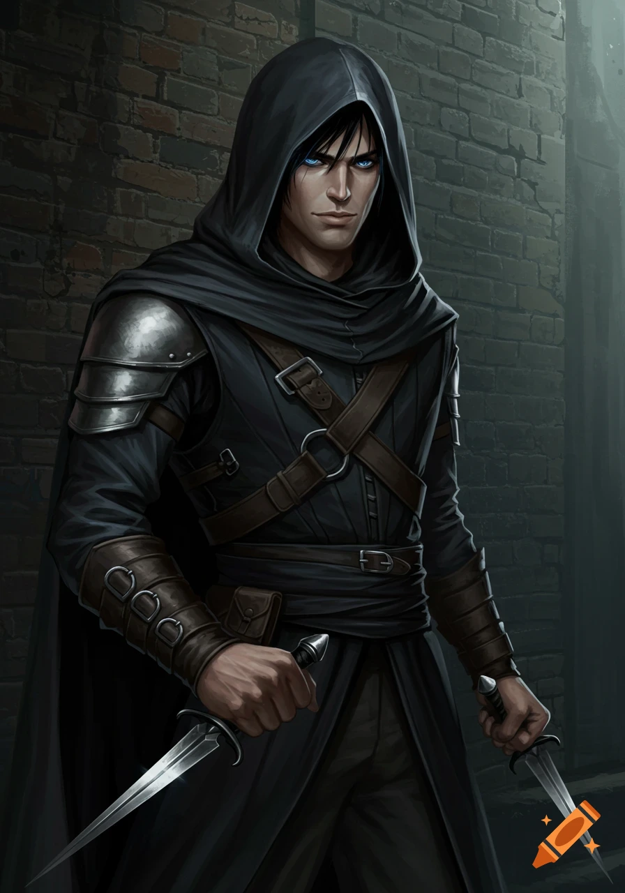 A rogue with blue eyes and daggers stands in a dark alley. on Craiyon