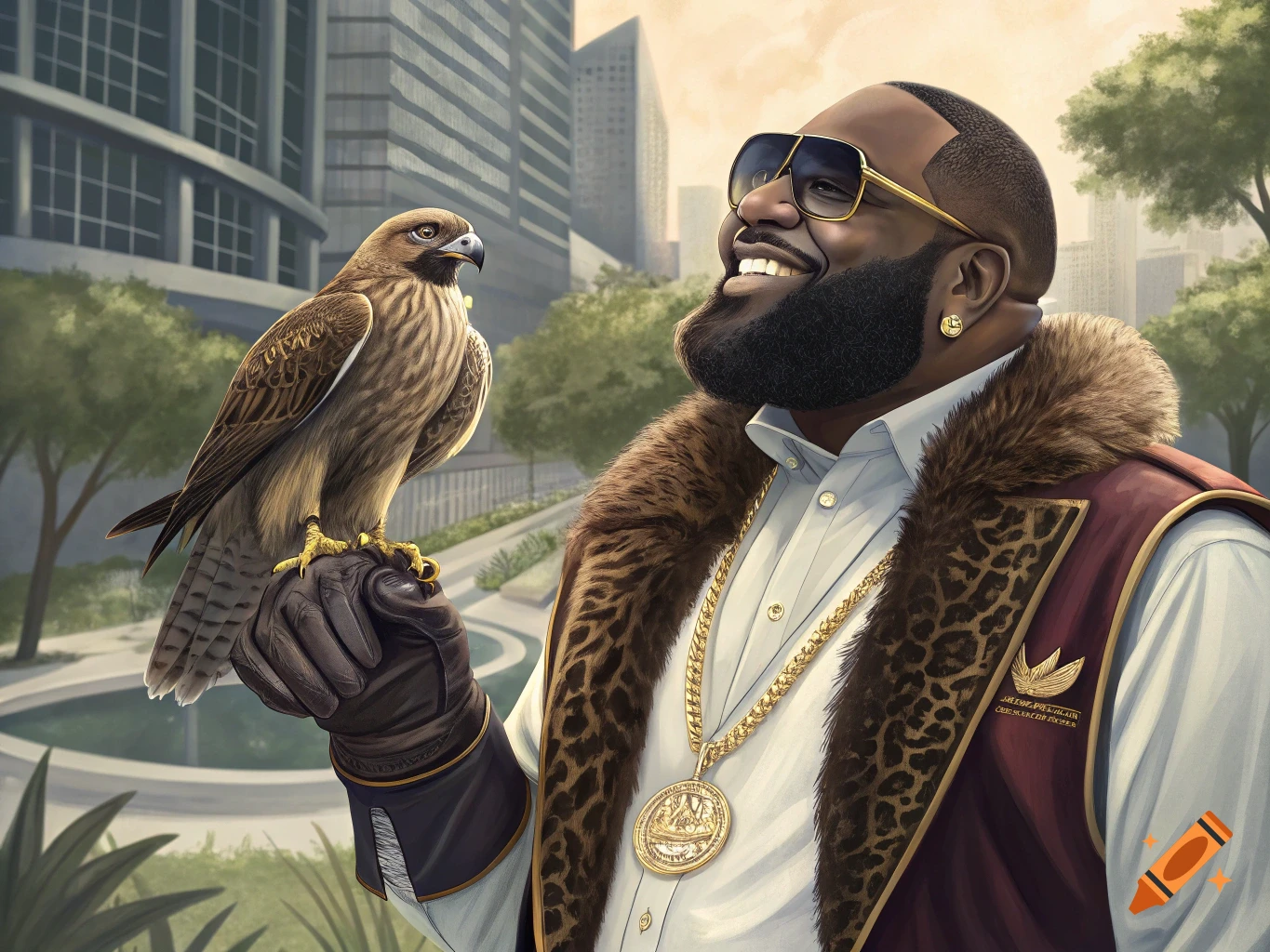 Man resembling Rick Ross holding a falcon on his arm in an urban ...