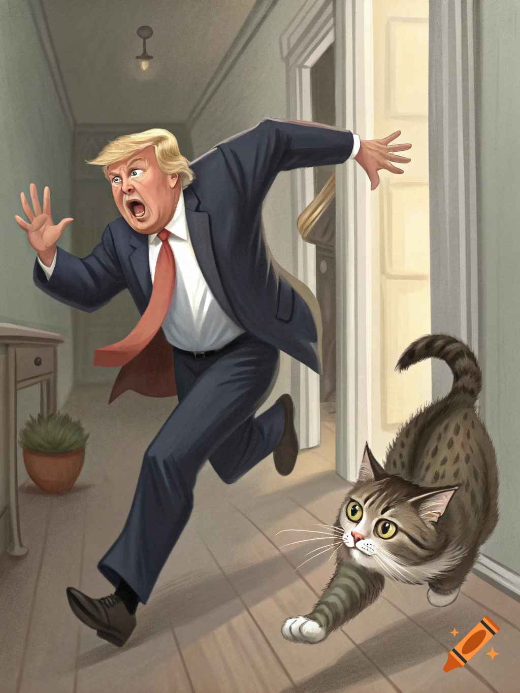 Caricature illustration of Donald Trump running from a cat in a hallway ...
