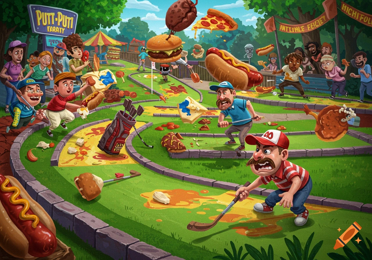 Cartoon illustration of people having a food fight on a miniature golf ...