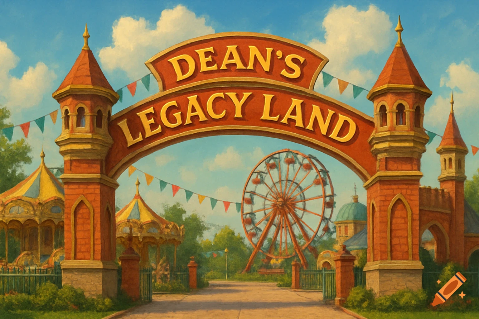 Painting of an amusement park entrance arch reading 'Dean's Legacy Land ...