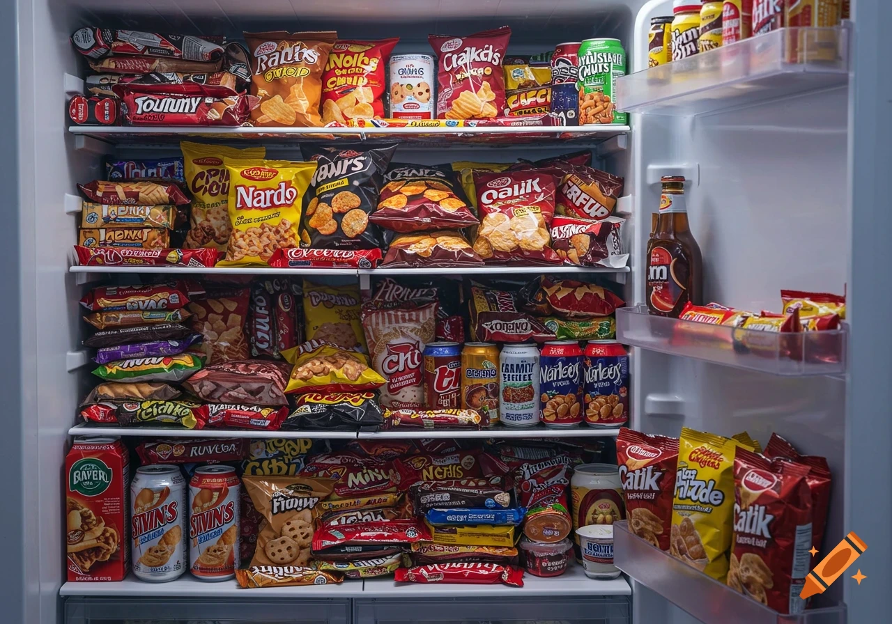 A refrigerator packed full of various bags and cans of snacks. on Craiyon