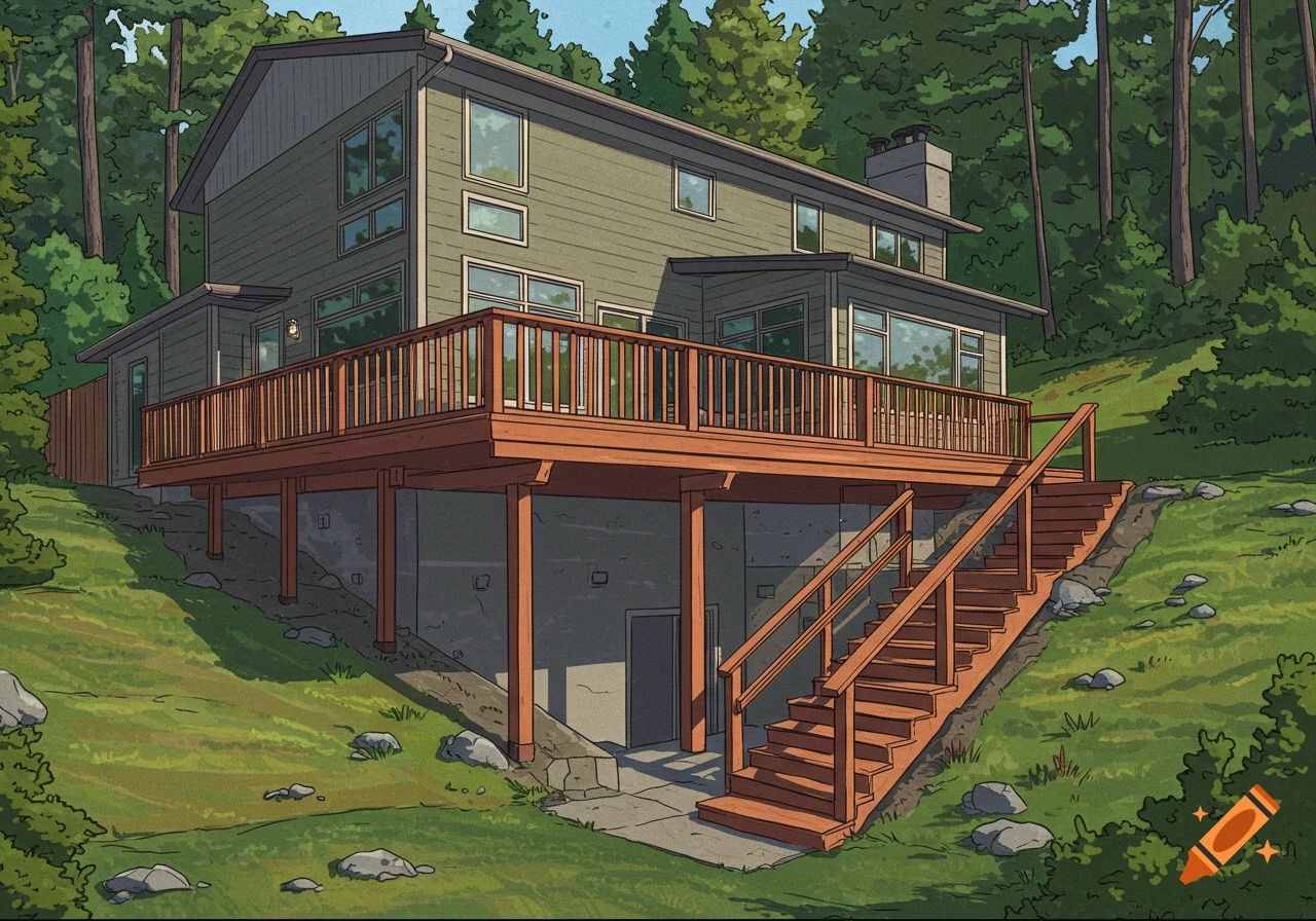 Illustration of a two-story house with a large deck built on a steep ...