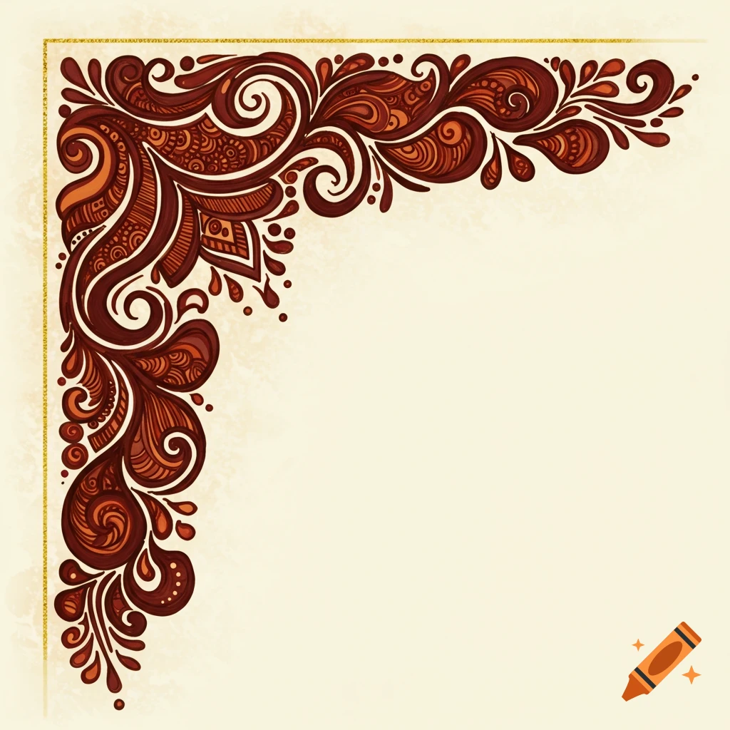 A decorative corner border with brown and orange henna-inspired ...