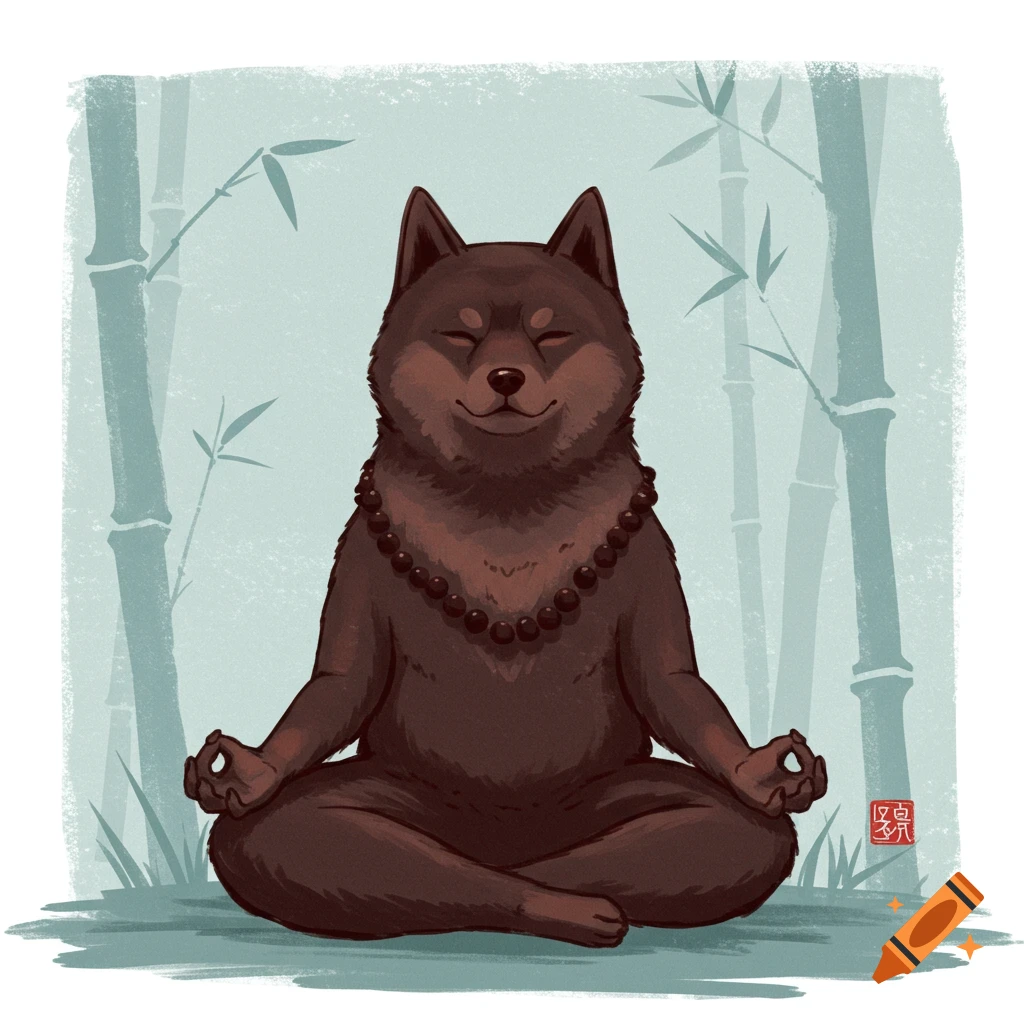 A cartoon dog meditating in front of bamboo. on Craiyon