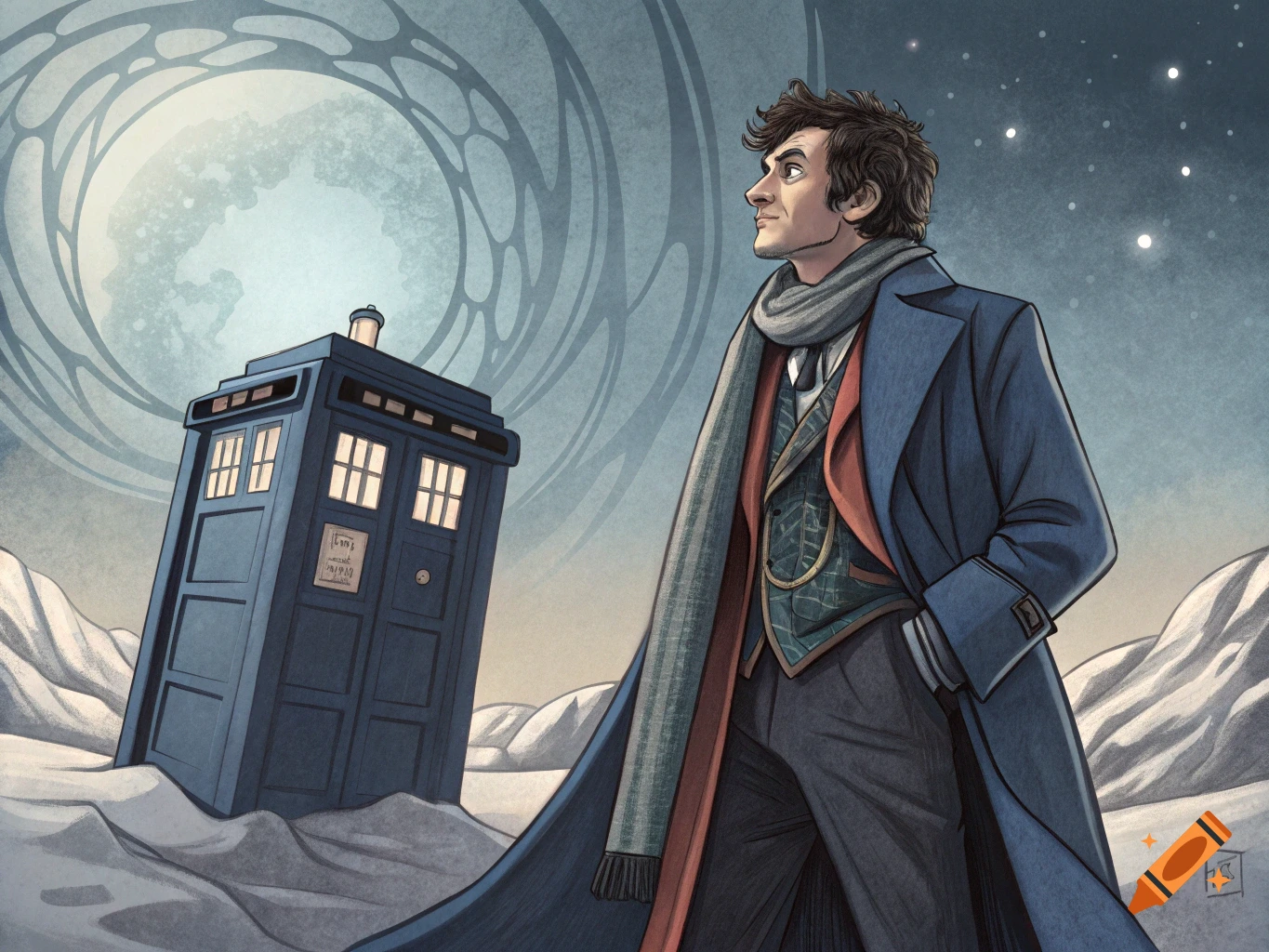Illustration of a man resembling the Doctor standing next to the TARDIS ...
