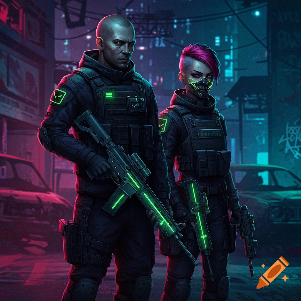 Two figures in tactical gear with neon accented weapons stand on a neon ...