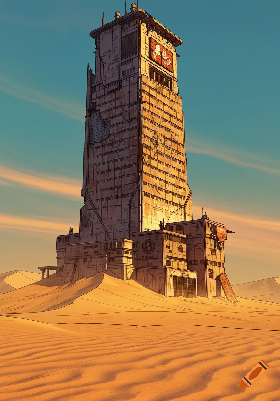 Post-apocalyptic Borderlands-style tower in a desert. on Craiyon