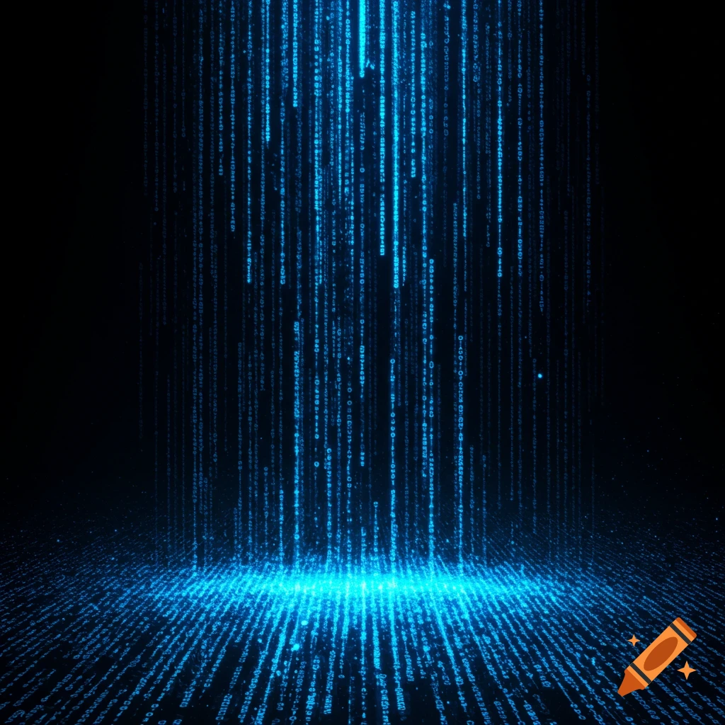 Blue binary code characters fall like rain onto a glowing floor in a ...