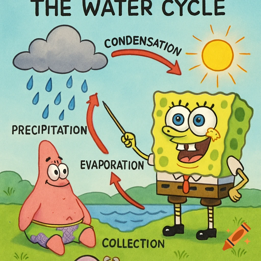 Spongebob and Patrick explain the water cycle with labeled diagram on ...