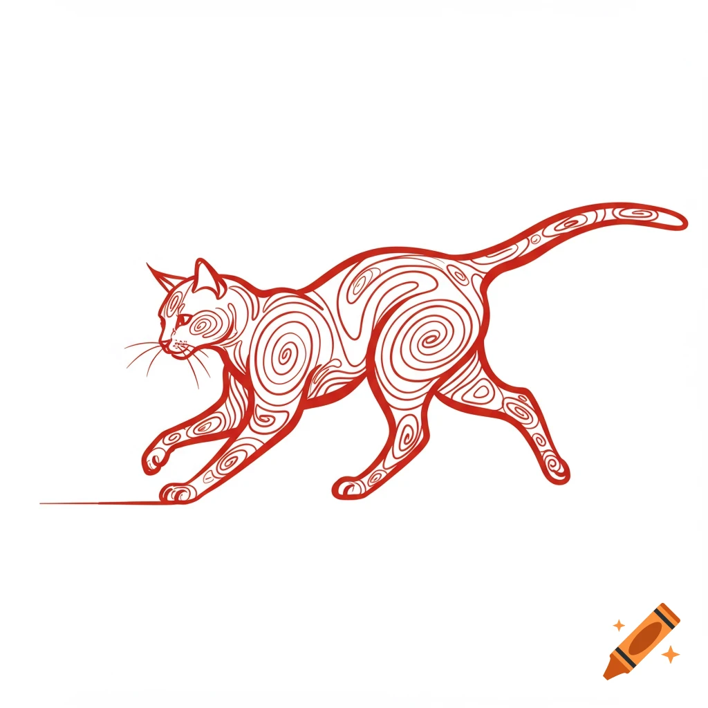 Red line art illustration of a cat walking with spiral patterns on its ...