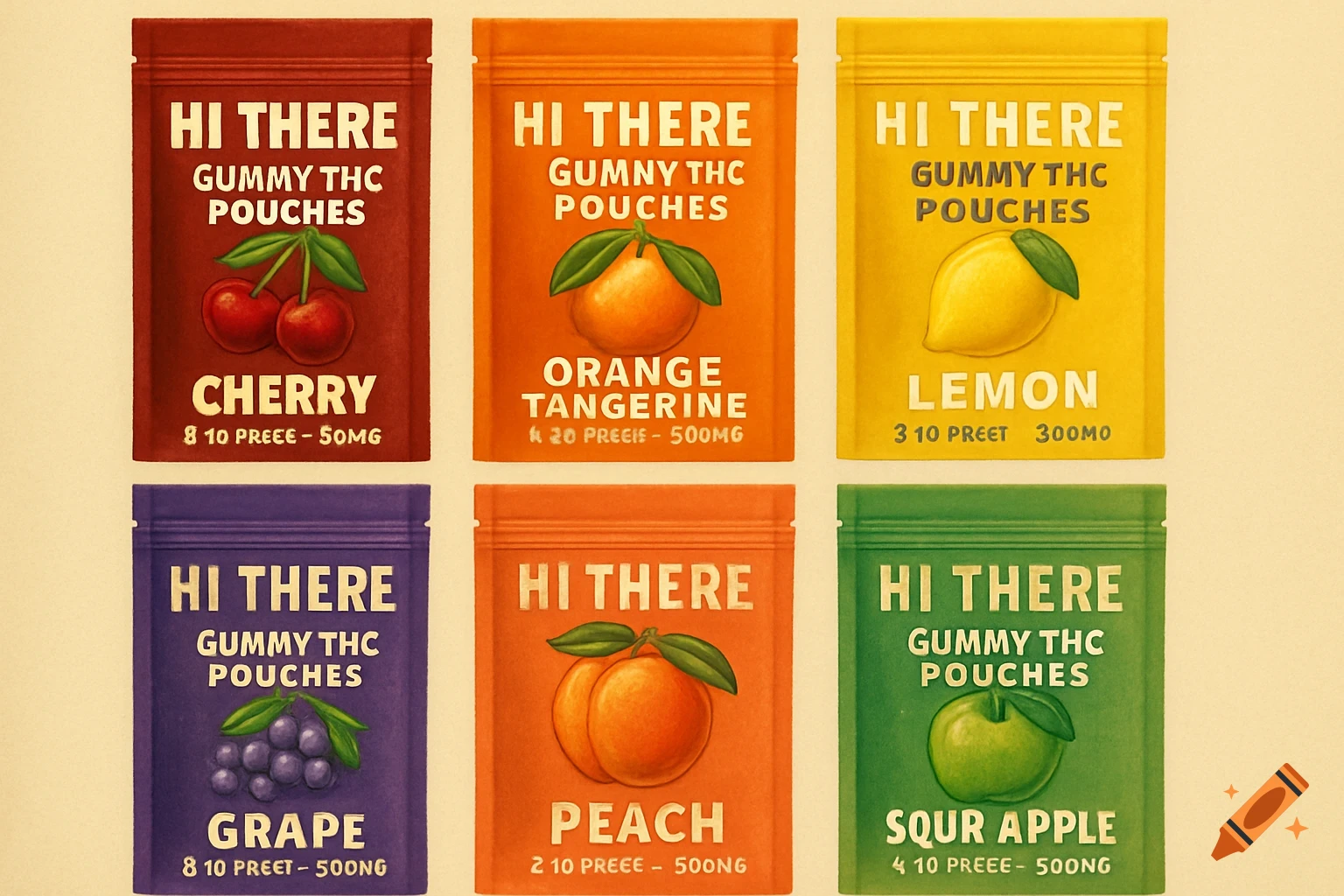 Six colorful pouches of gummy THC, each with a fruit illustration and ...