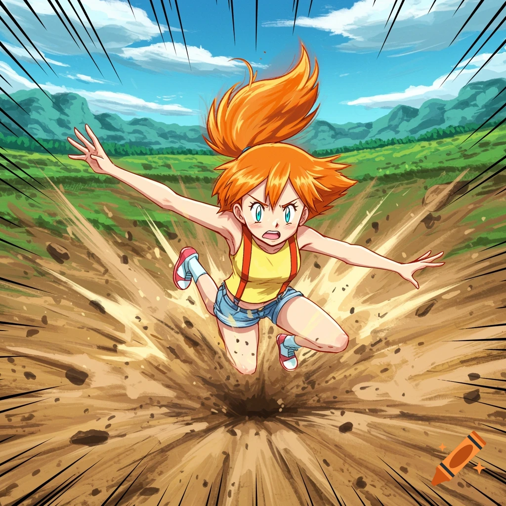 Misty from Pokemon crashes into the ground in an anime style ...