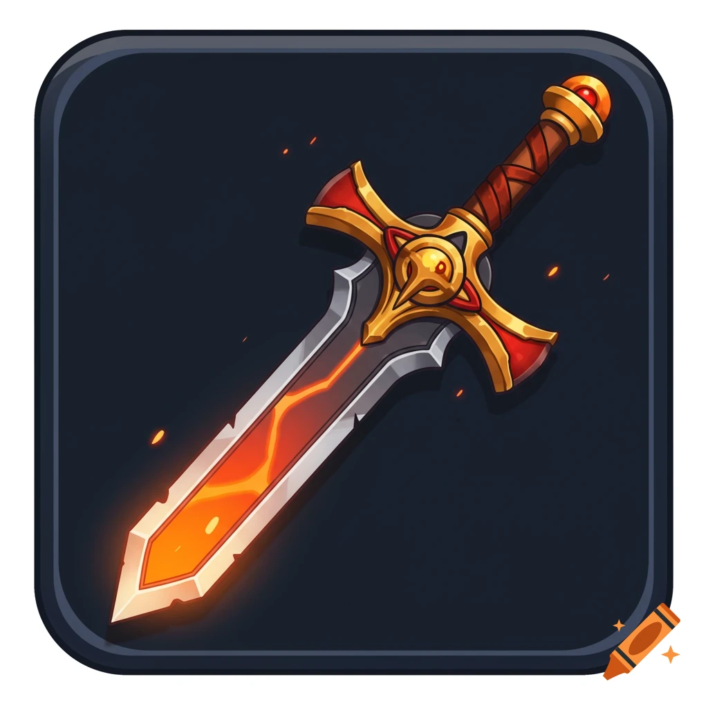 Stylized fantasy sword game icon with a glowing orange blade on Craiyon