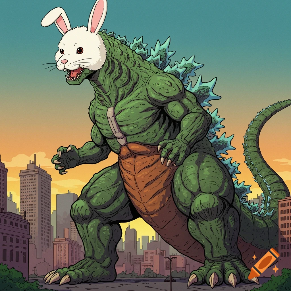 A giant green monster wearing a white rabbit mask stands in a city on ...