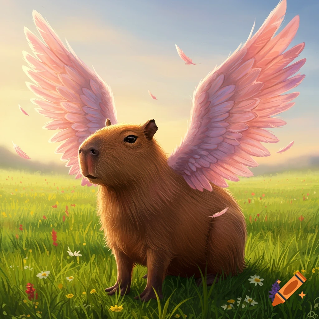 A capybara with large, feathered pink wings sits in a sunlit green ...