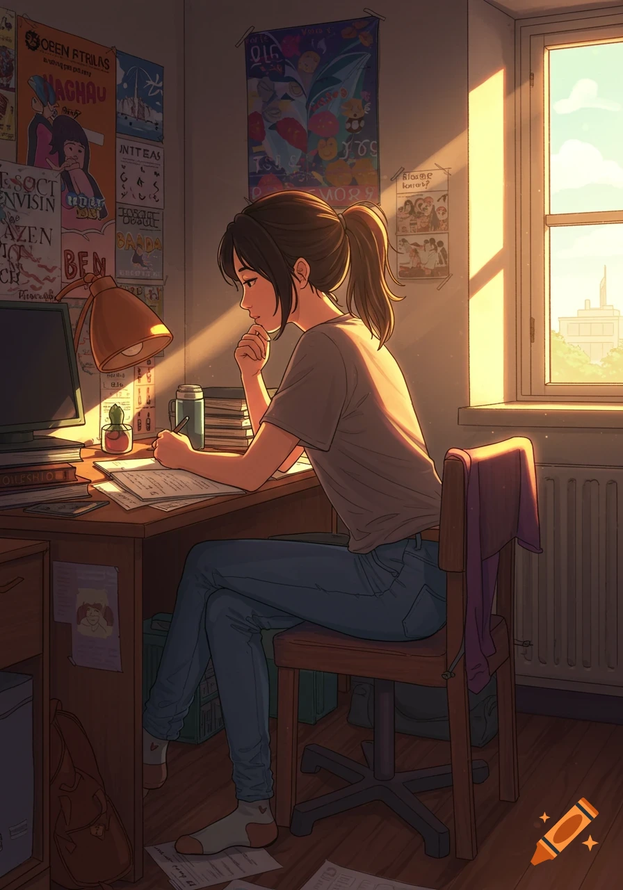 Anime illustration of a girl studying at a desk in a sunlit dorm room ...
