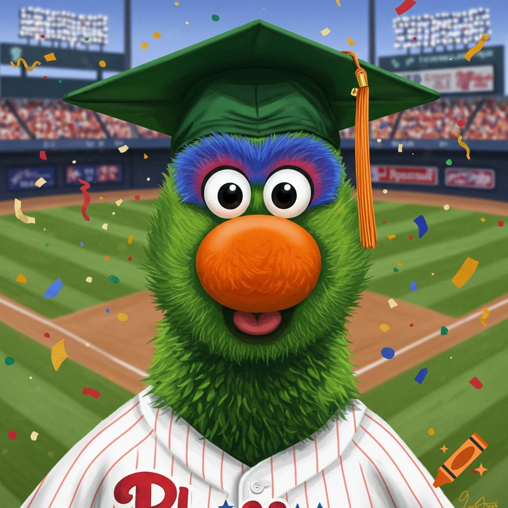 A furry green mascot wearing a baseball uniform and graduation cap ...