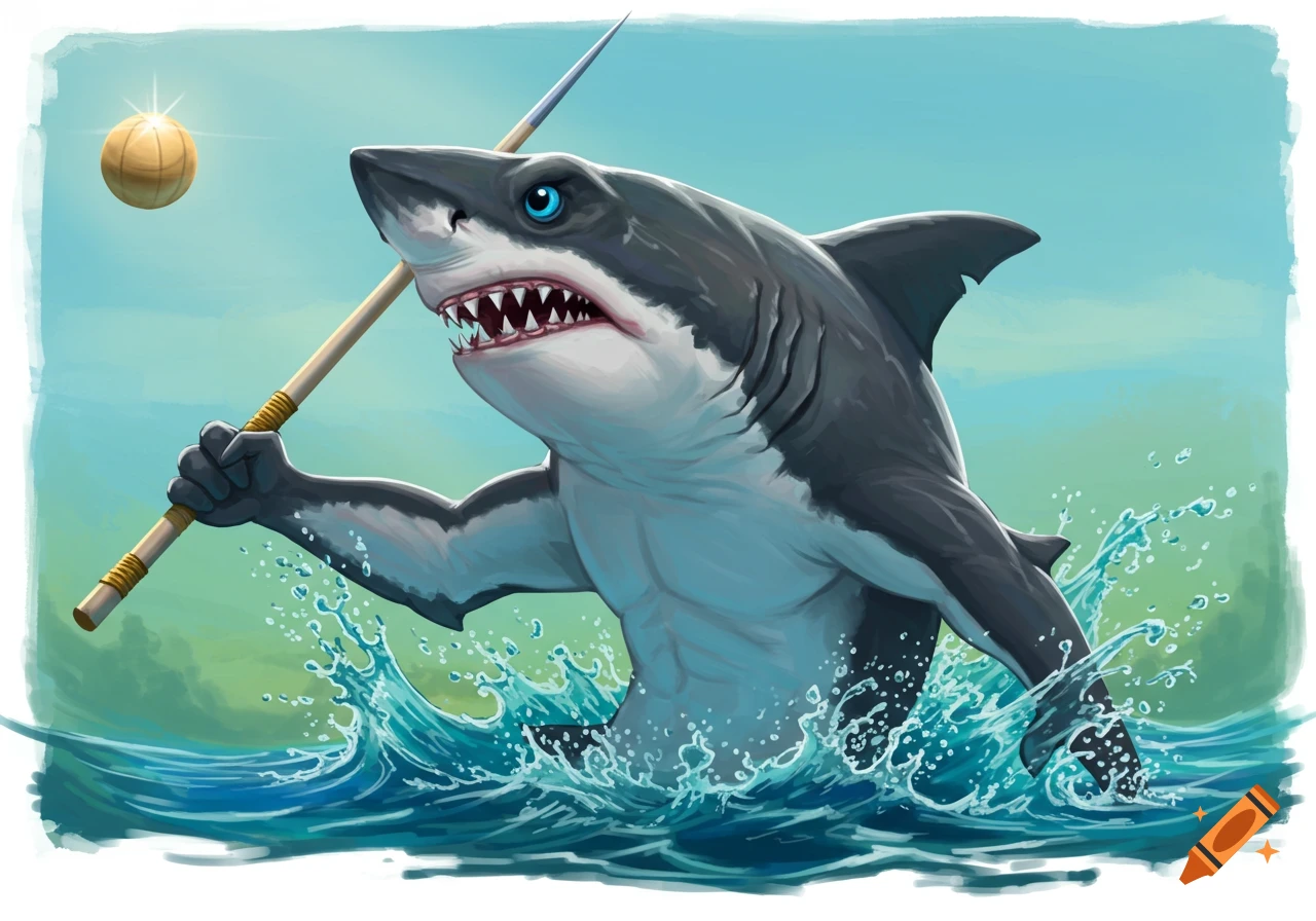 Illustrated shark with arms and legs holding a spear, jumping from ...