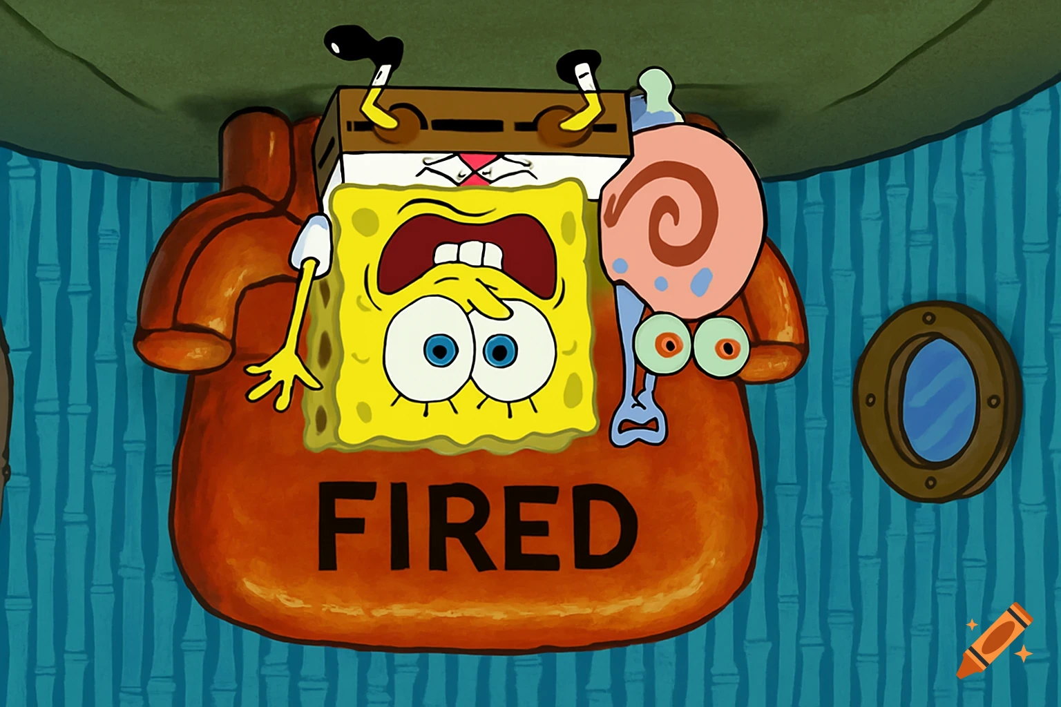 SpongeBob and Gary the snail upside down on an orange couch that says ...