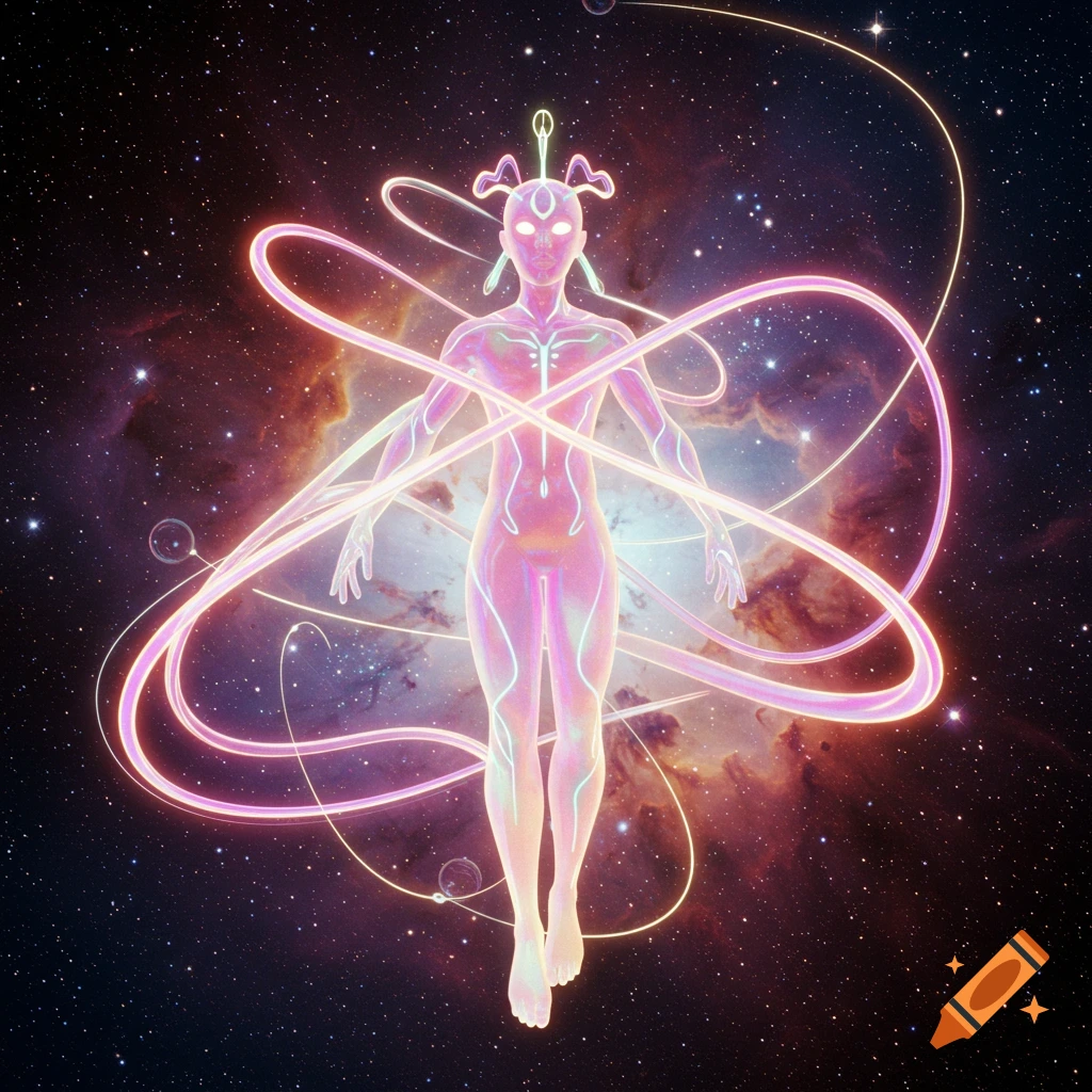 A glowing, ethereal figure floats in deep space surrounded by pink and yellow energy trails and ...