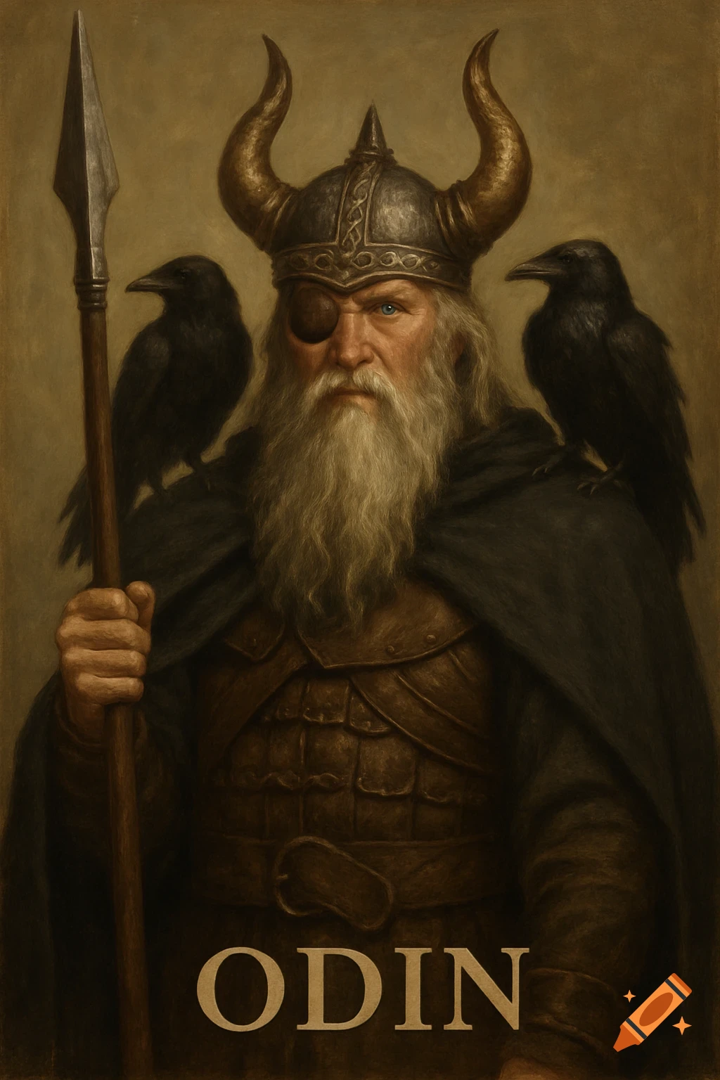Realistic oil portrait of Odin with eyepatch, beard, horned helmet ...