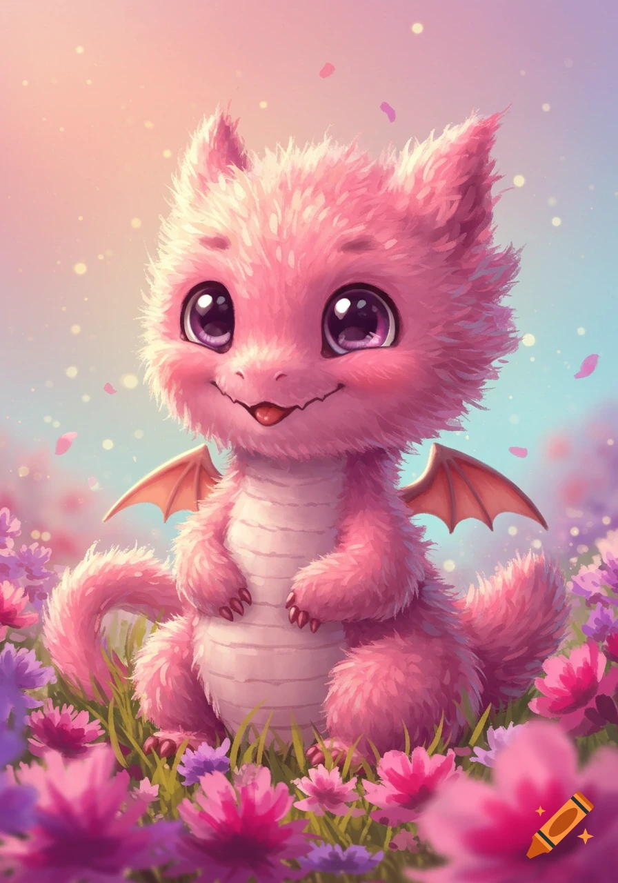 A cute, fluffy pink dragon with big purple eyes sits in a field of ...