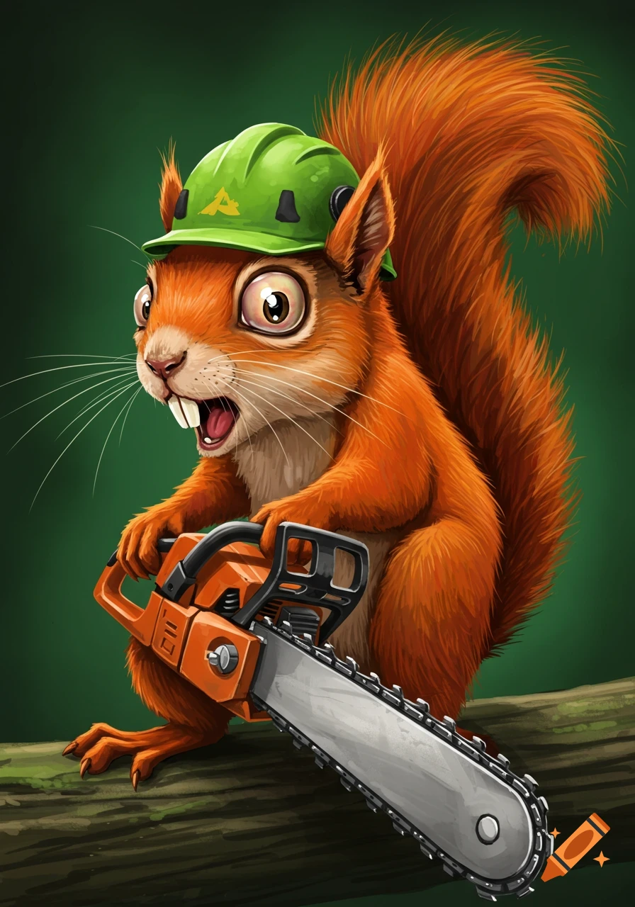 Cartoon squirrel wearing a hard hat and holding a chainsaw on a log. on ...