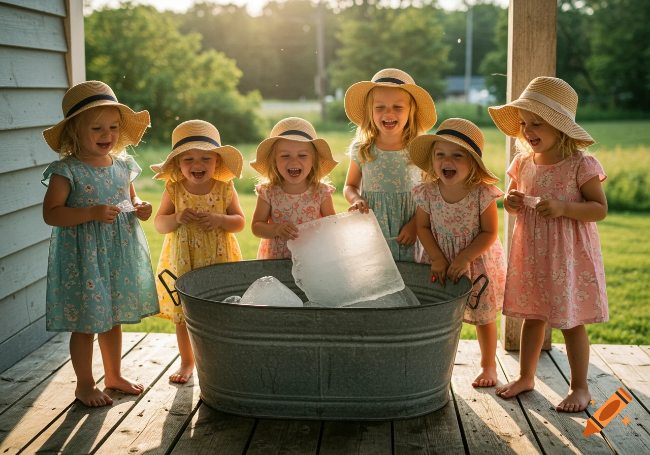 Six happy girls gather around a metal tub of ice on a porch in the ...