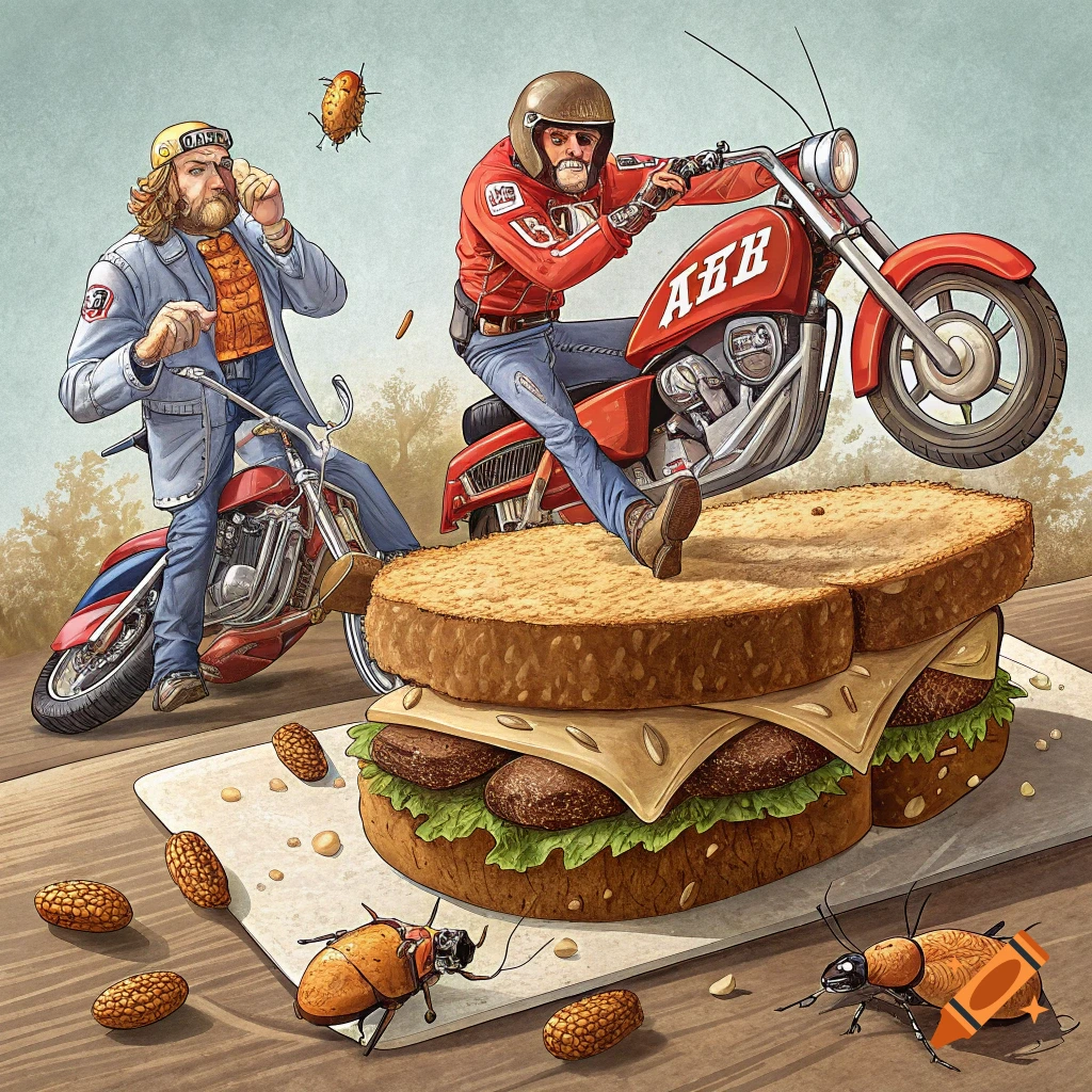 Illustration of two cartoon bikers on motorcycles battling large ...