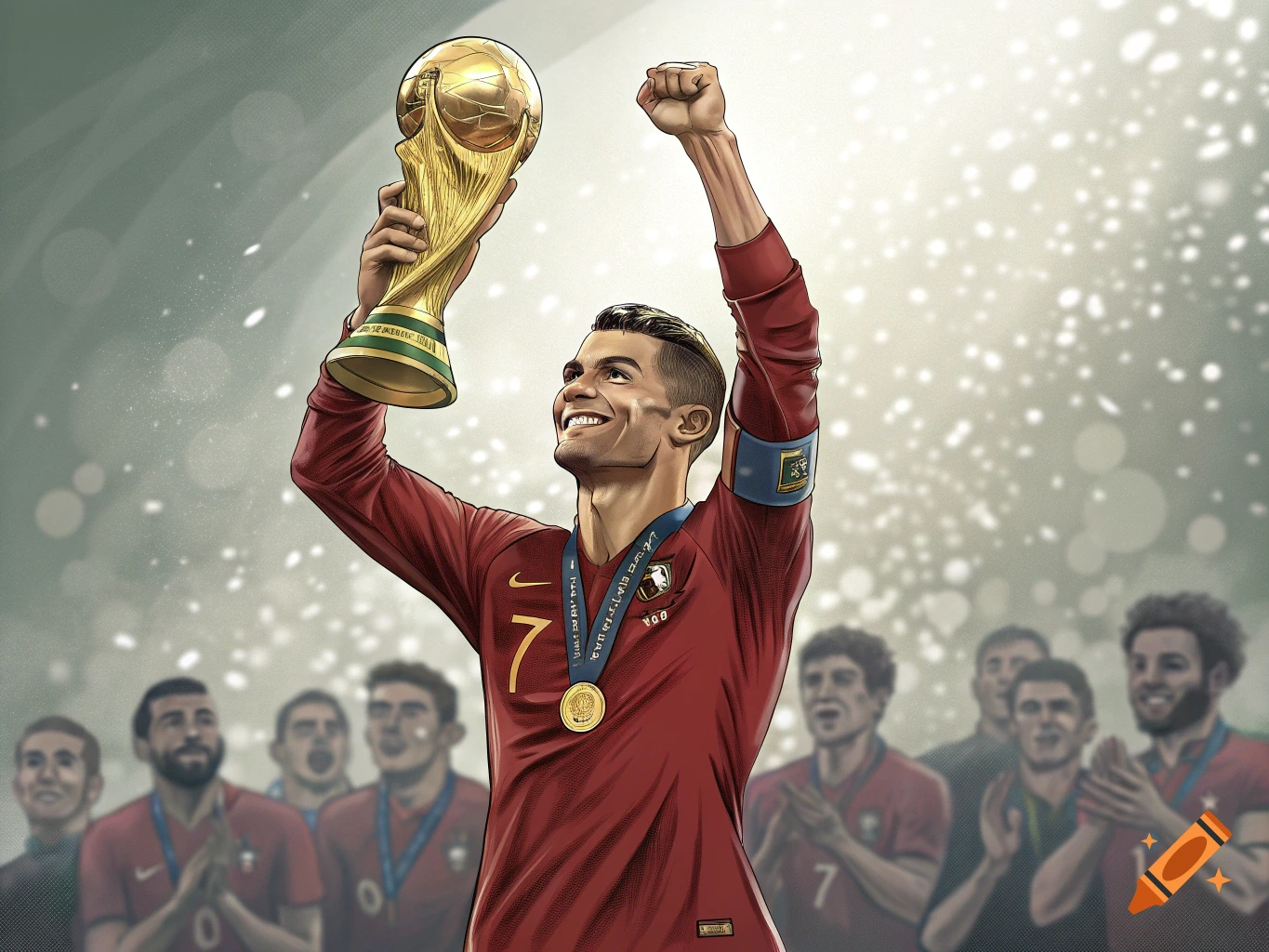 Illustration of Cristiano Ronaldo holding the World Cup trophy with celebrating players behind ...