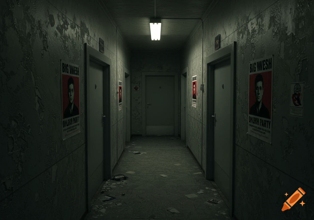 A dark, grimy apartment hallway with peeling paint, scattered trash ...