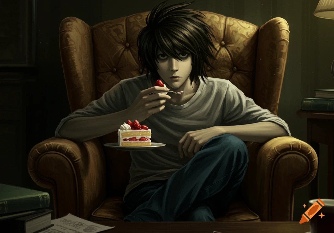 Realistic illustration of L from Death Note sitting in a chair and ...