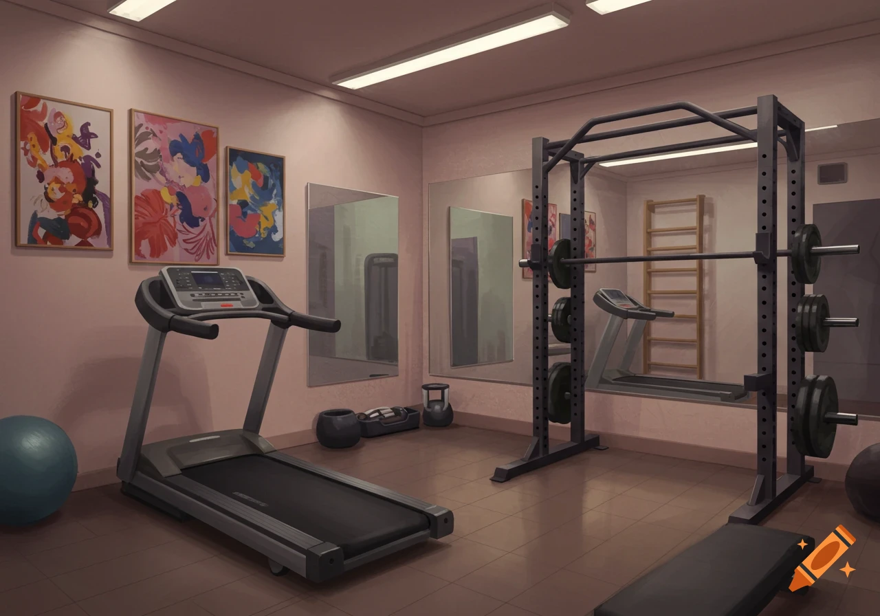 Interior of a gym with a treadmill, squat rack, mirrors, abstract art ...