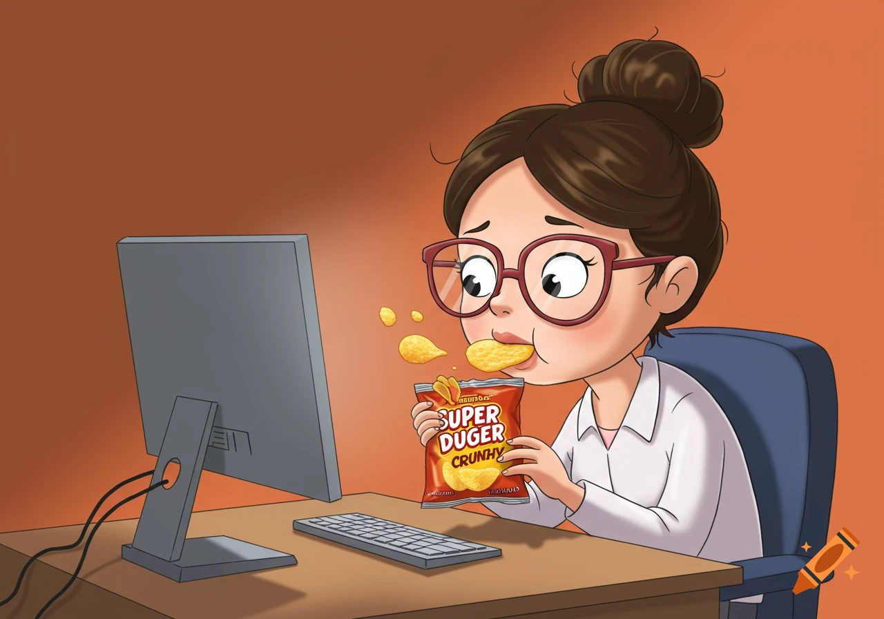 Cartoon of a woman with glasses and bun sitting at a computer, eating ...