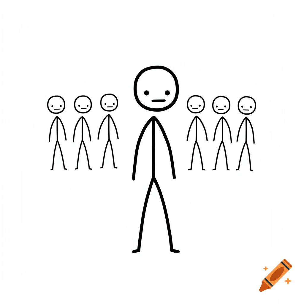 A large stick figure stands in front of six smaller stick figures in a ...