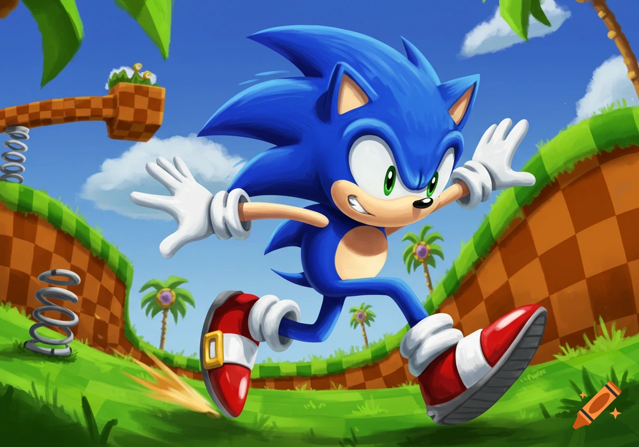 Sonic the Hedgehog runs through a green hill zone with checkerboard ...