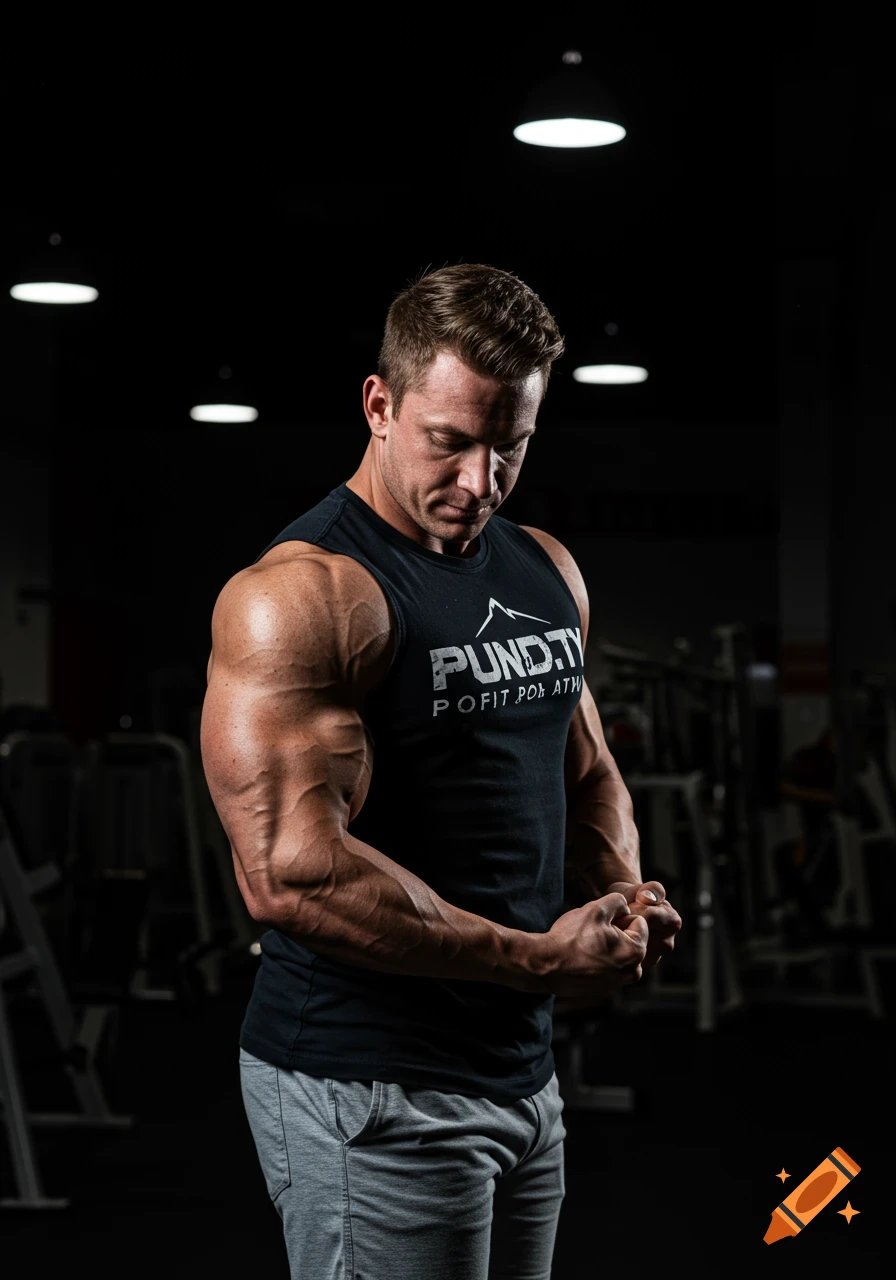 Bodybuilder flexing bicep in a gym on Craiyon